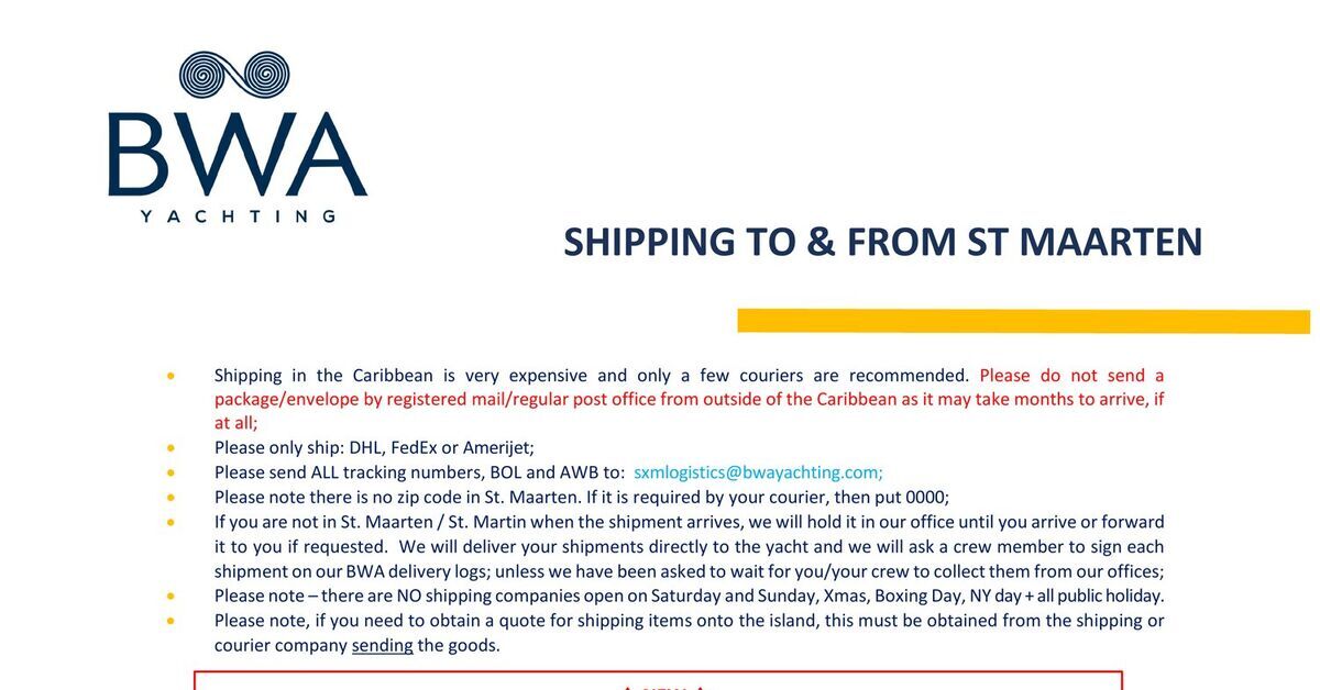 BWA Yachting St Maarten - Shipping